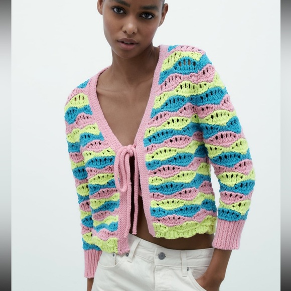 Zara | Sweaters | Zara Open Knit Crochet Striped Cardigan Sweater ...